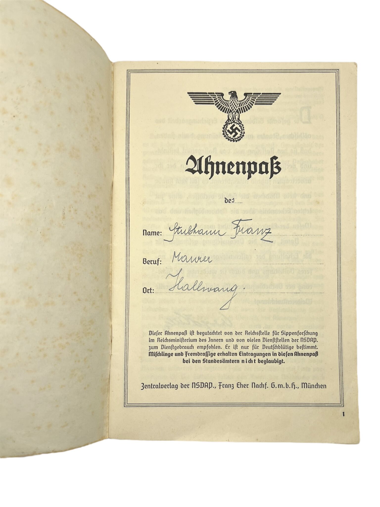 NSDAP Ahnenpass zu verkaufen